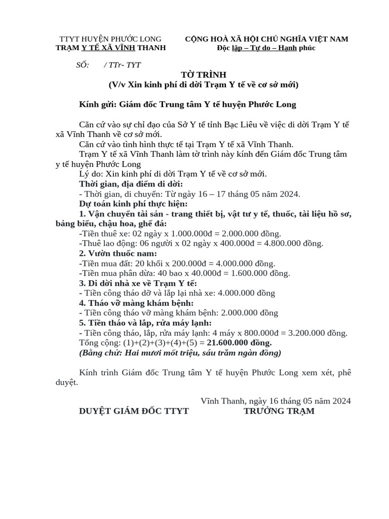Tờ Trình (V/v Xin kinh phí di dời Trạm Y tế về cơ sở mới) Kính gửi: Giám đốc Trung tâm Y tế ...