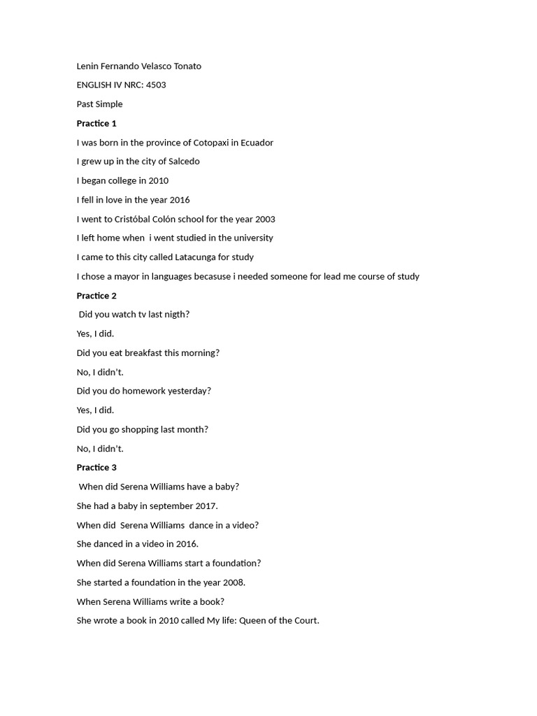 English IV NRC 4503 Past Simple Lenin Velasco | PDF