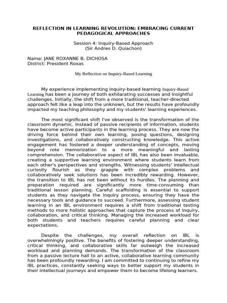 DICHOSA, JANE ROXANNE B., PRESIDENT ROXAS DISTRICT - Session4 (Inquiry Base Approach) | PDF ...