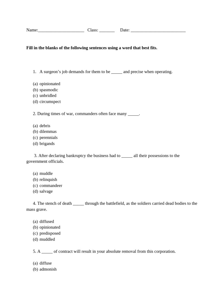 Vocabulary Quiz: Fill in the Blanks | PDF