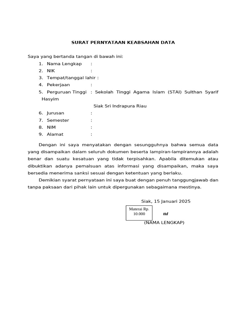 Surat Pernyataan Keabsahan Data | PDF