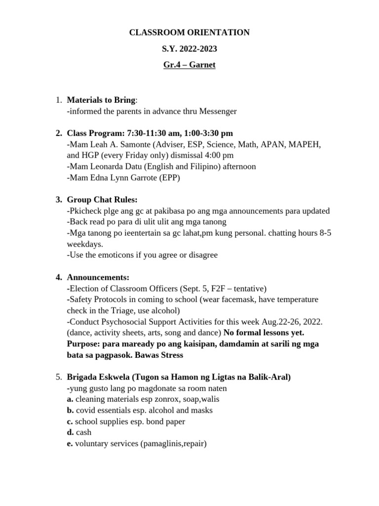 CLASSROOM ORIENTATION | PDF