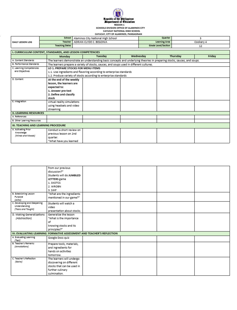 DLP Cookery 12 Begonia, Adrian Clyde | PDF | Learning | Human Communication