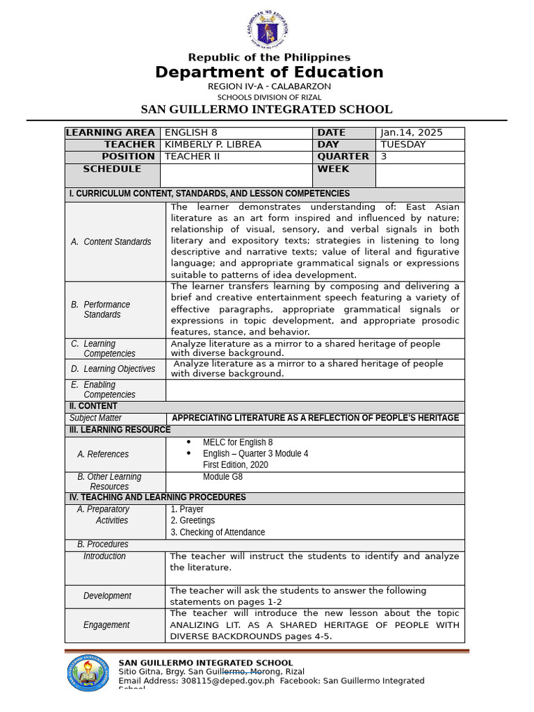 DLP English 8 q3 Week 3.3 | PDF | Learning | Teachers