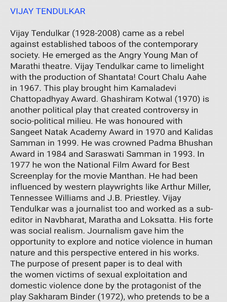 Sakharam Binder by Vijay Tendulkar PDF - 240729 - 240729 - 211558 | PDF