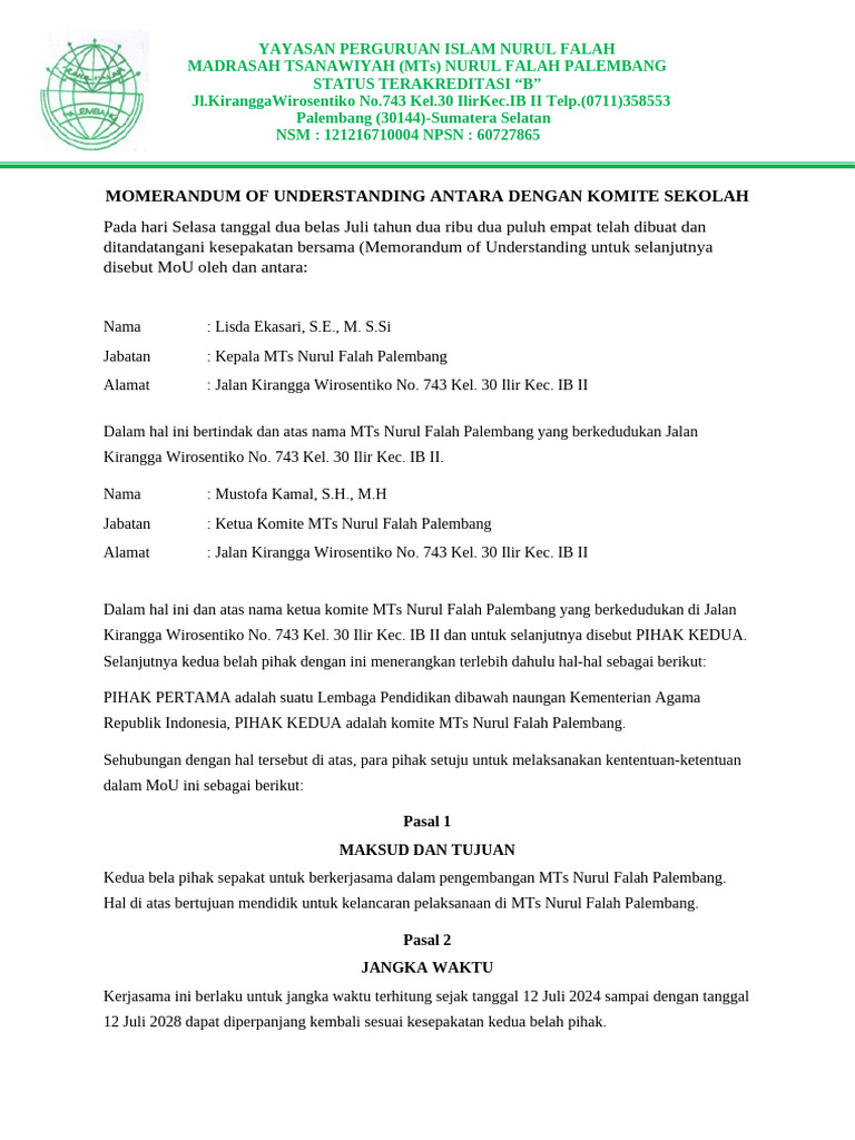 MoU MTs Nurul Falah Palembang 2024 | PDF