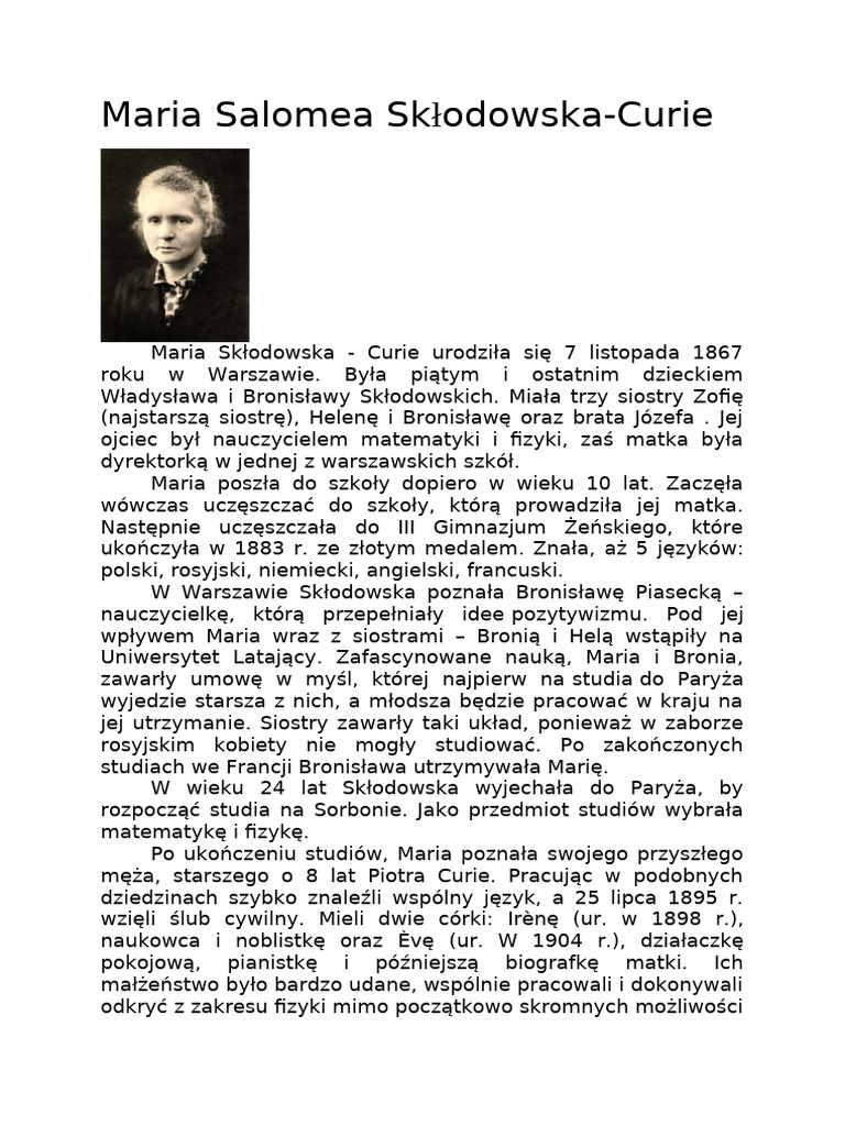 Maria Salomea Skłodowska - Tekst | PDF