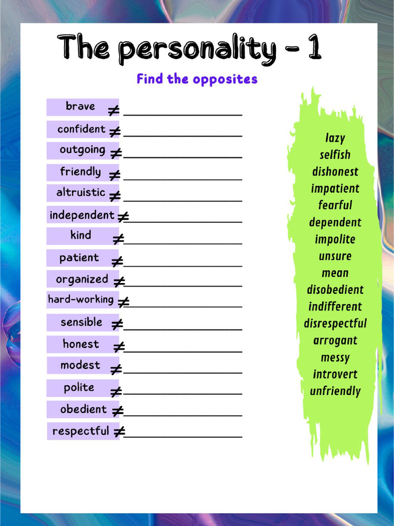 Adjectives of The Personality For Pupils Antonyms and Synonyms - 151738 ...