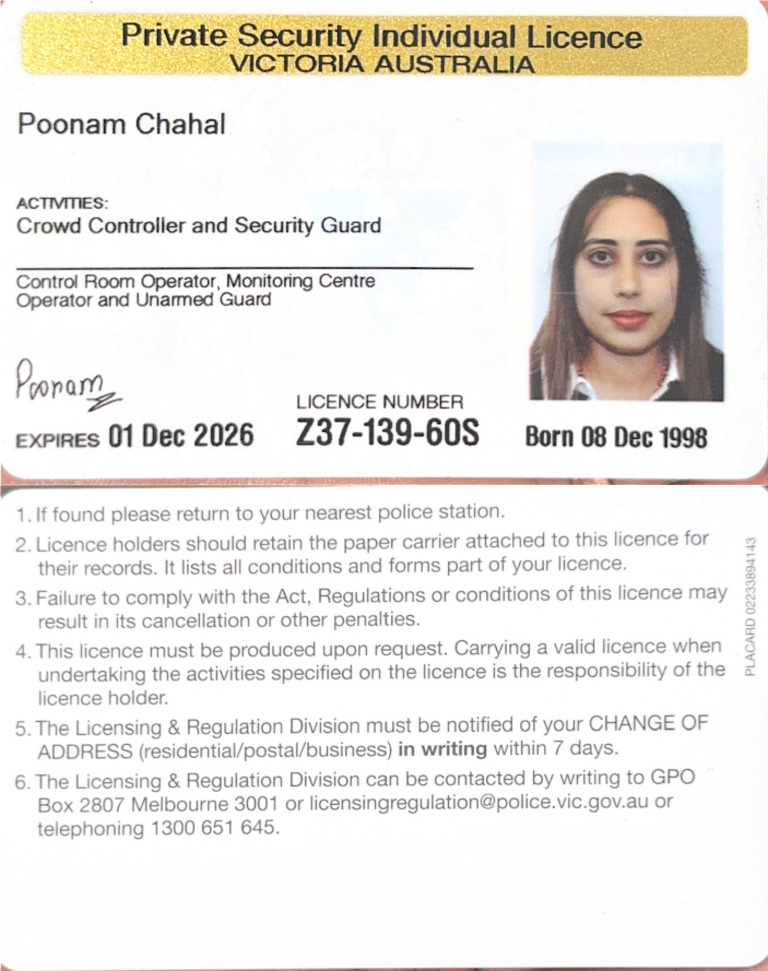 Security License of Poonam Chahal | PDF