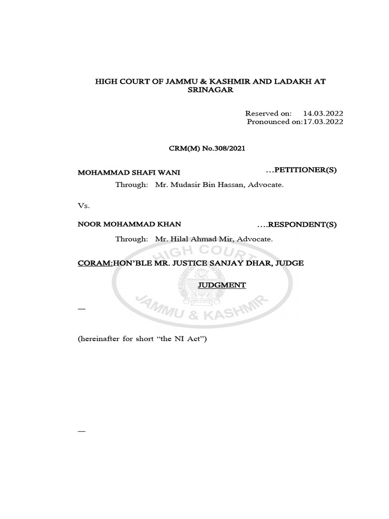 mohammad-shafi-wani-vs-noor-mohammad-khan-431651 | PDF | Cheque | Payments
