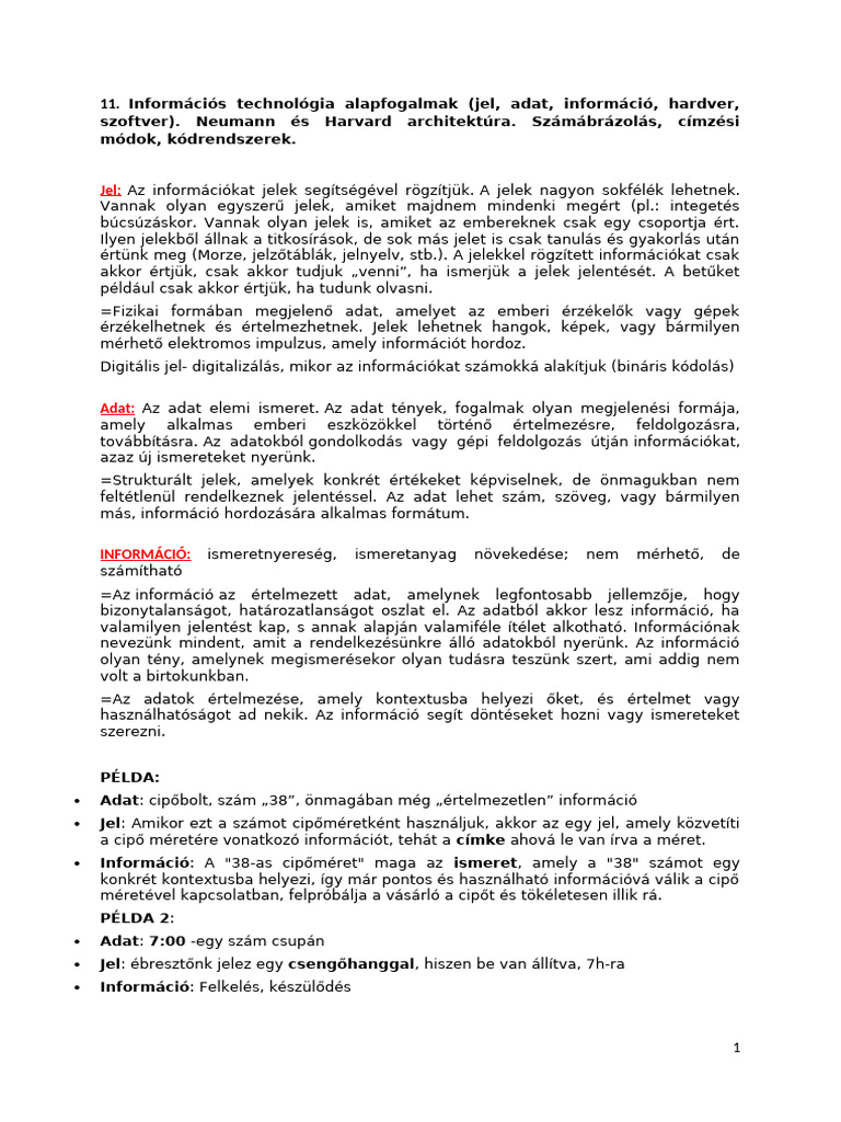 11.tétel-HOSSZAN Információs Technológia Alapfogalmak. | PDF
