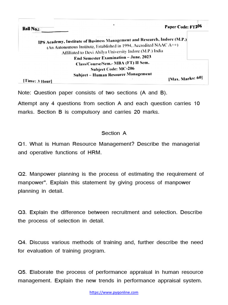 Mba 2 Sem Human Resource Management ft206 Jun 2023 | PDF | Financial ...