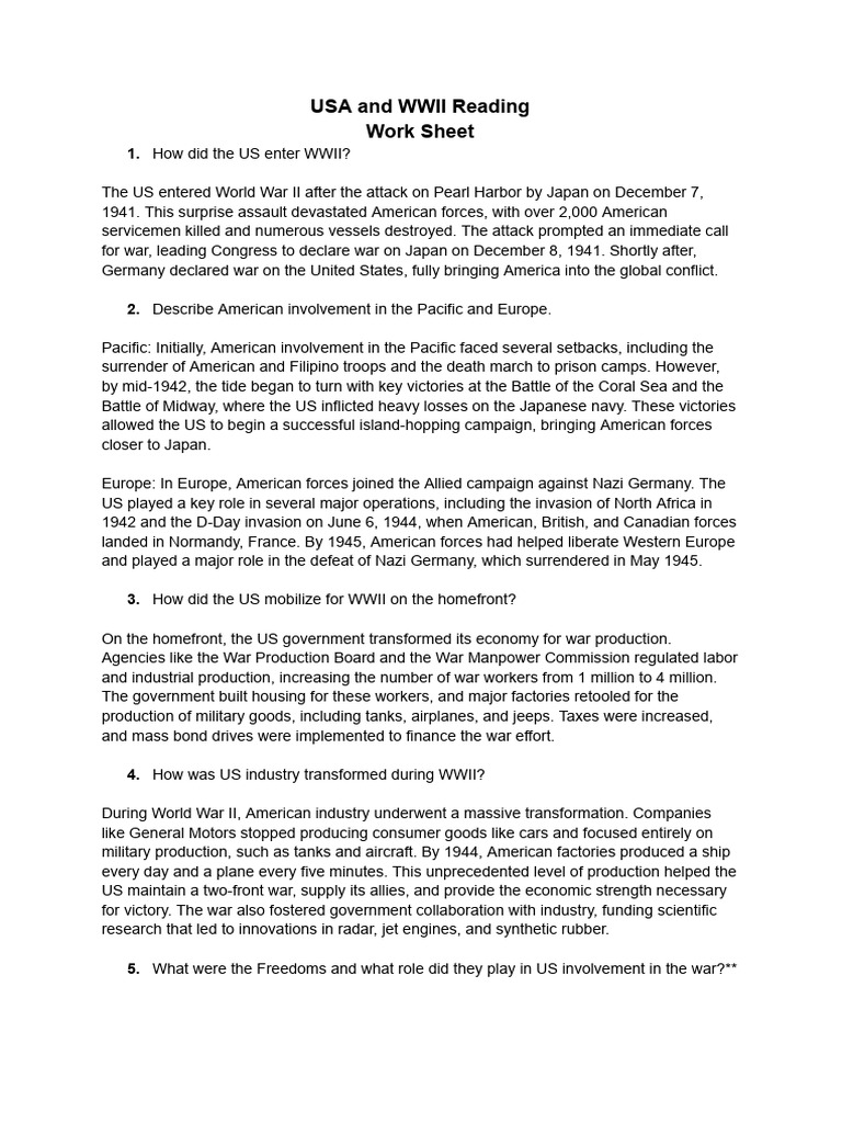 2.USA and WWII Reading For Students - Work Sheet | PDF | World War II ...