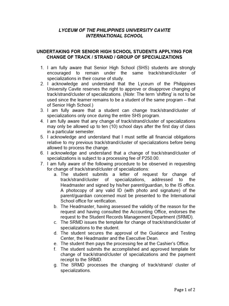 Undertaking To Change Strand Track Group of Specializations | PDF ...