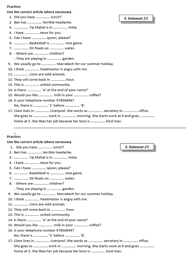 Article Usage Practice | PDF