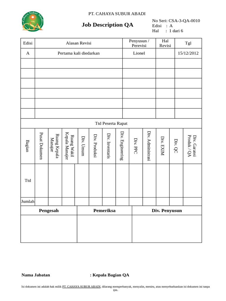 CSA-3-QA-0010 Job Description QA-A | PDF