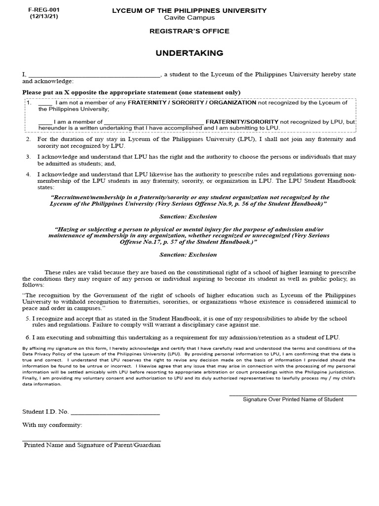 f Reg 001 Undertaking 12.13.21 Fillable | PDF | Fraternities And Sororities | Justice