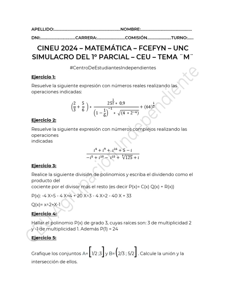 2024 Simulacro 1º Parcial Matematica-TemaM | PDF
