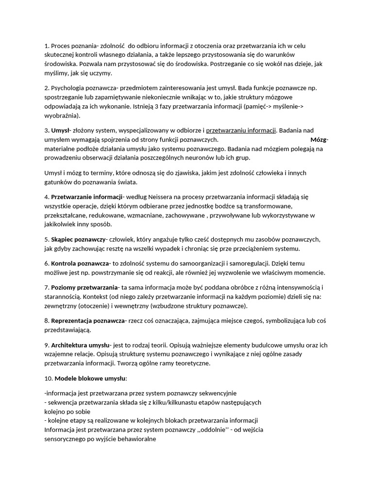 Notatki Psychologia Procesów Poznawczych Pdf