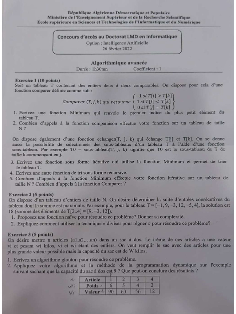 Epreuve AA (Algorithme Avance) Concours de Doctorat ESTIN 2021-2022 (Tchi Drive) | PDF