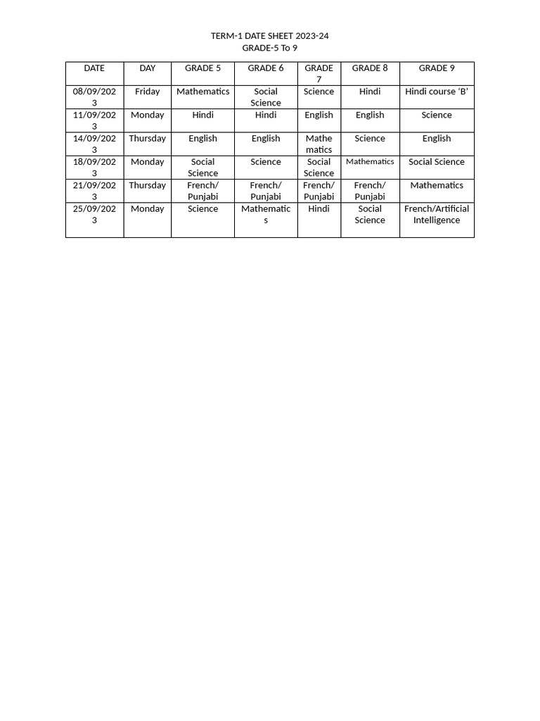 Term 1 Exam Schedule 2023-24 Grades 5-9 | PDF