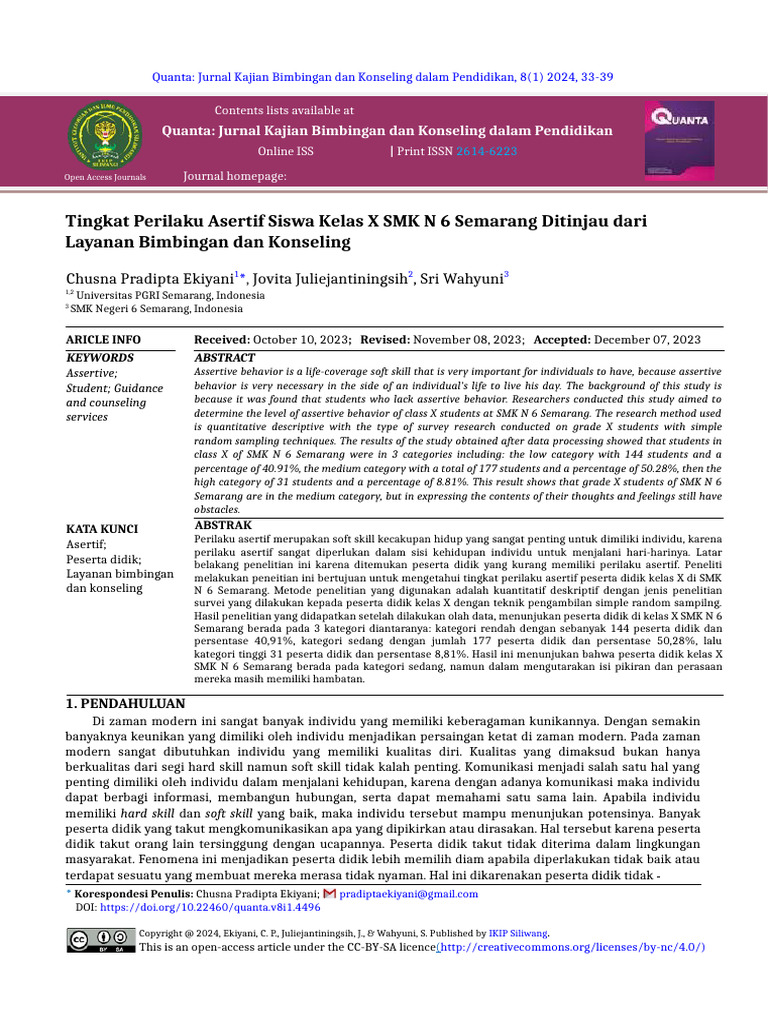 Tingkat Perilaku Asertif Siswa Kelas X SMK N 6 Semarang Ditinjau Dari Layanan Bimbingan Dan ...