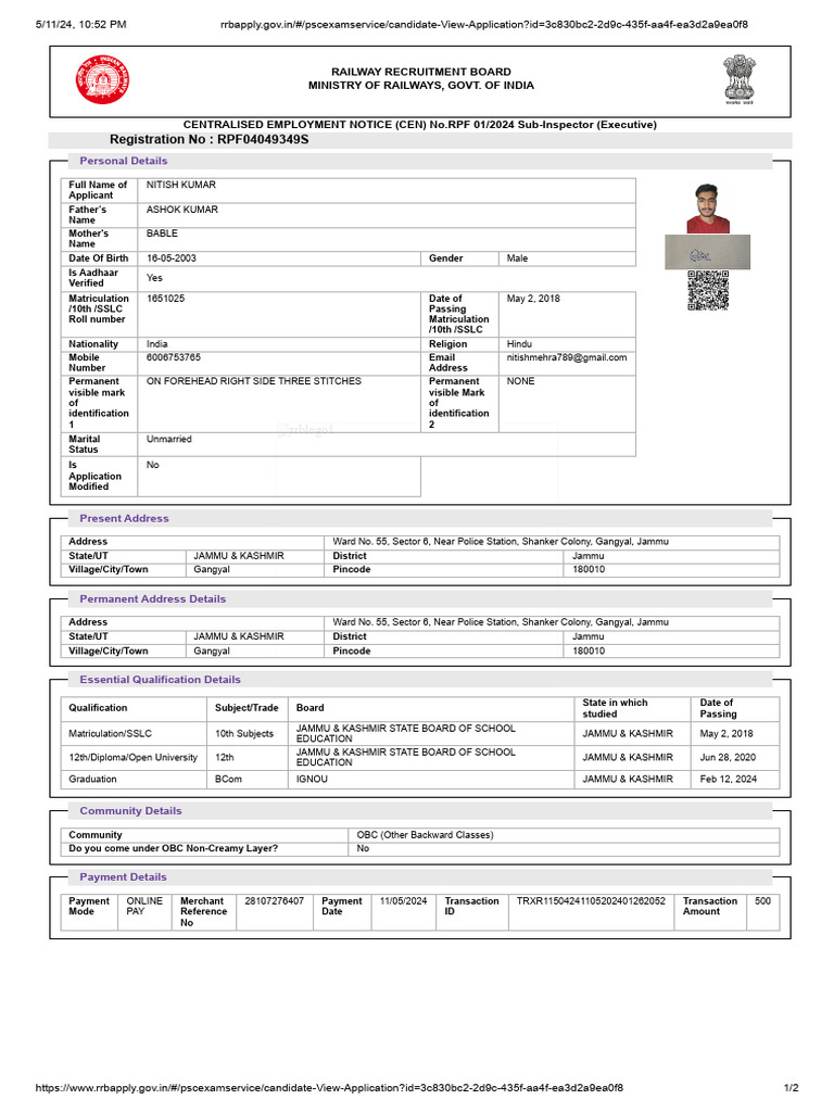 Railway Nitish Registratrion Fomr | PDF