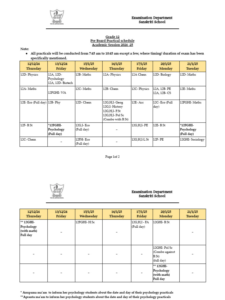 Grade 12- Pre Board Practical schedule (24-25)- FINAL DRAFT | PDF | Science