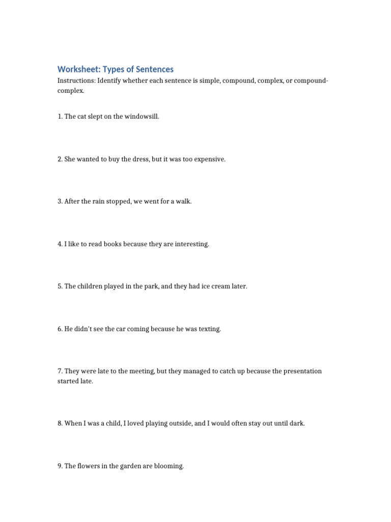 Worksheet Types of Sentences | PDF