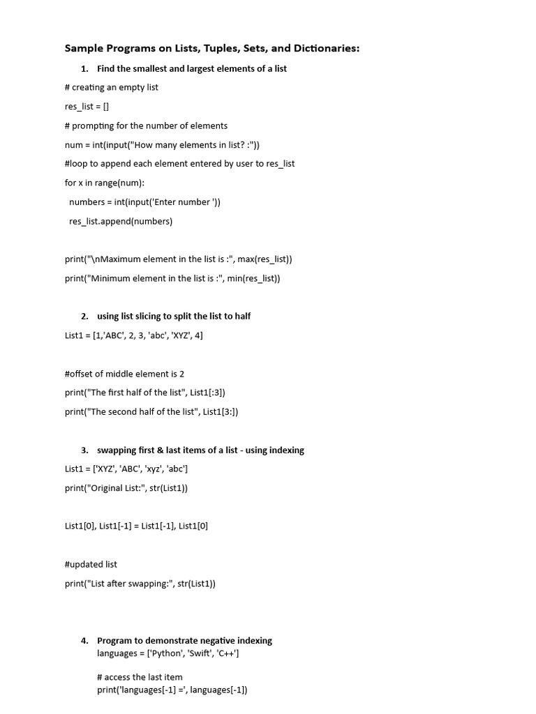 Python Programs On Lists Tuples Sets And Dictionary Pdf Data Type Computer Science