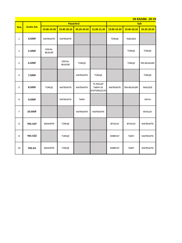 18 Kasim-20 Ocak Ders Programi | PDF