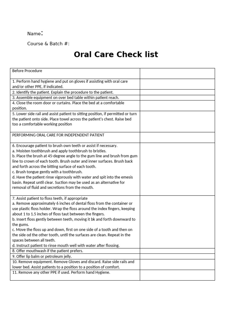 Oral care Checklist | PDF