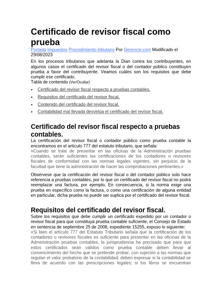Certificado de Revisor Fiscal Como Prueba | PDF | Contabilidad | Contador