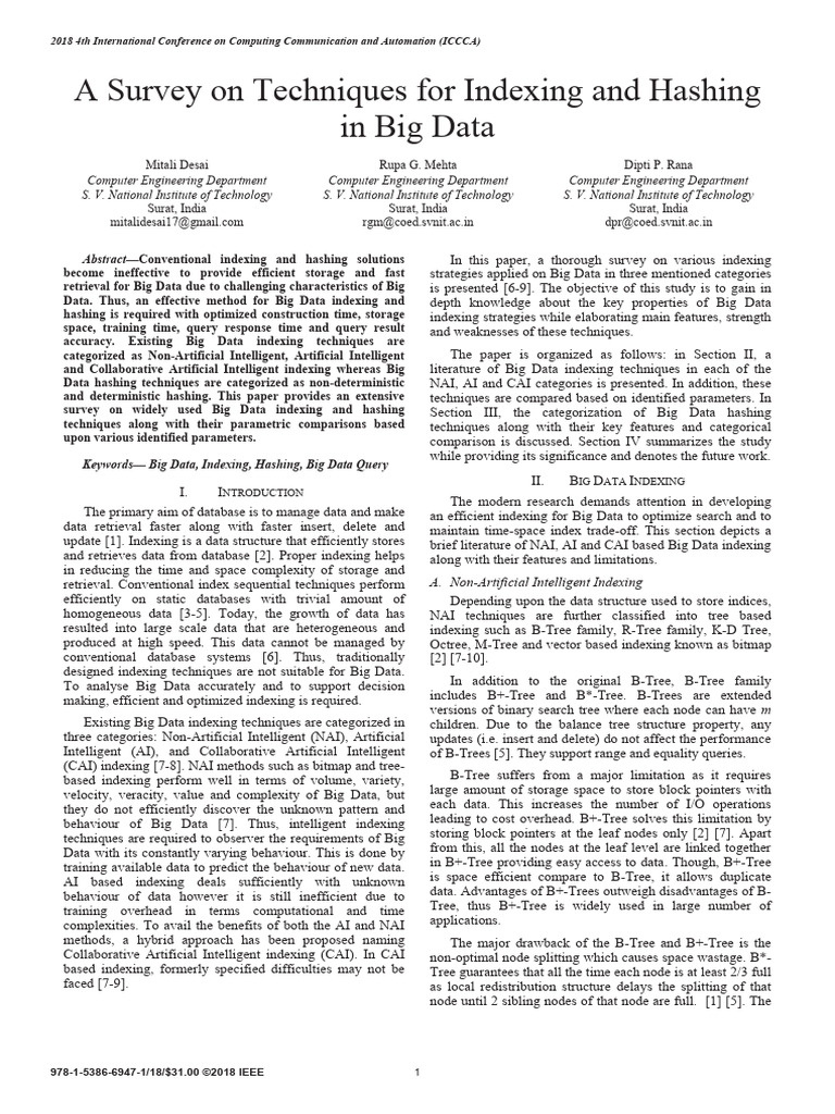 A Survey On Techniques For Indexing and Hashing in Big Data | PDF | Database Index | Computer Data