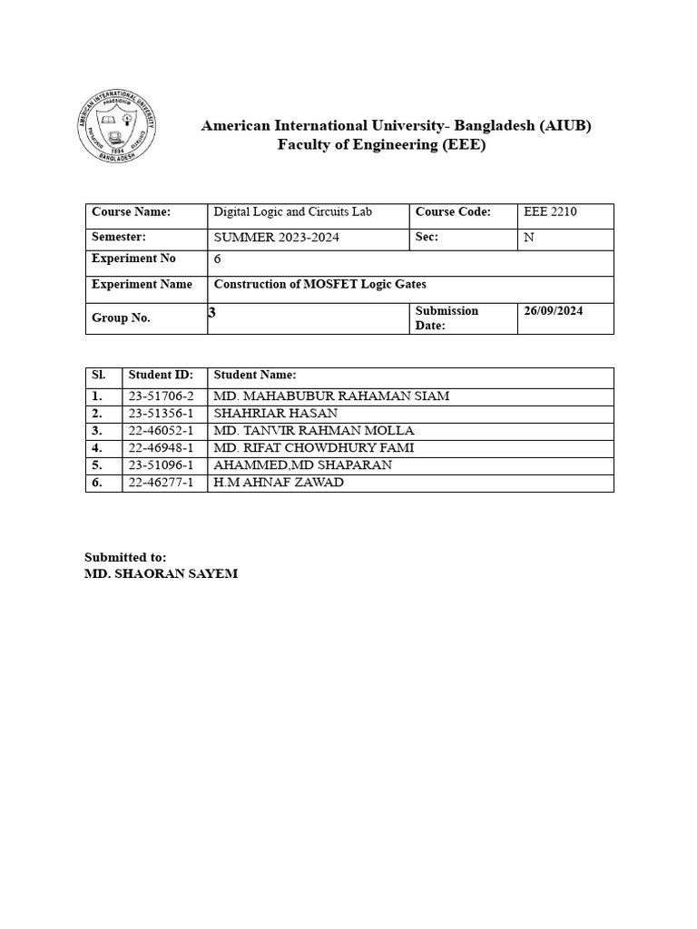 MOSFET Logic Gates Construction Lab | PDF | Cmos | Field Effect Transistor