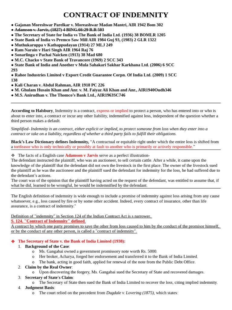 Module 1 Contract of Indemnity | PDF | Indemnity | Common Law
