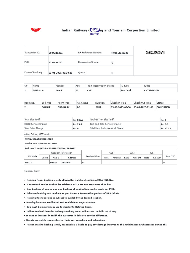 Irctc Retiring Room PDF Free | PDF | Dormitory | Taxation