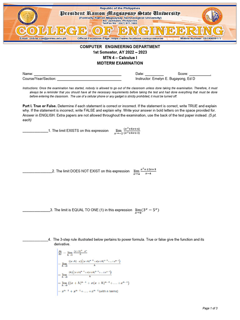 CALCULUS 1 Midterm Exam Dr. Emelyn Bugayong | PDF | Mathematical Analysis | Mathematics