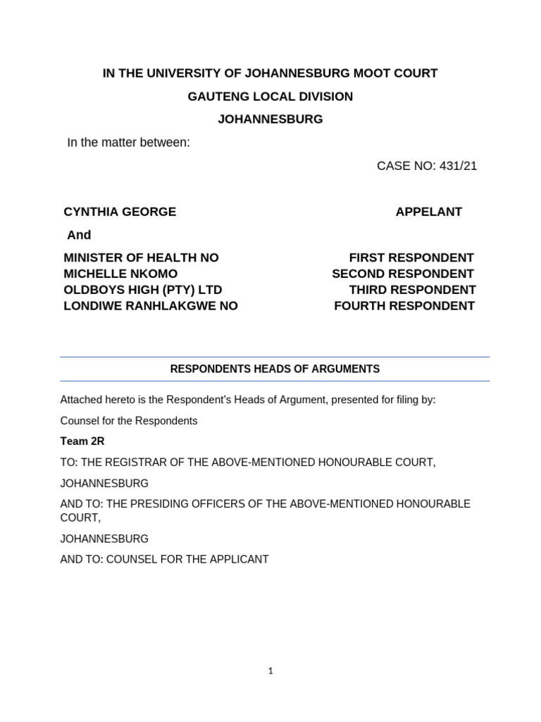 Respondents' Heads of Argument in Case 431/21 | PDF | Joinder ...