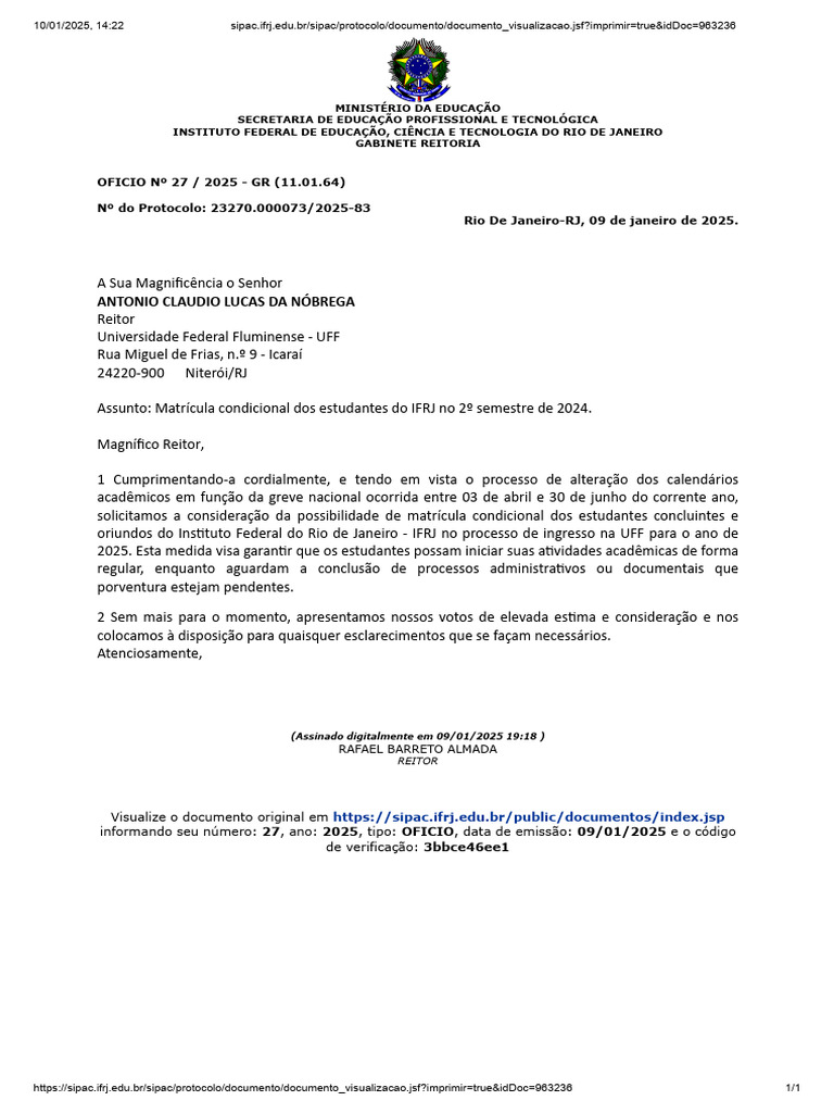 Ofício 027-2025-GR-IfRJ Matrícula Condicionada UFF | PDF