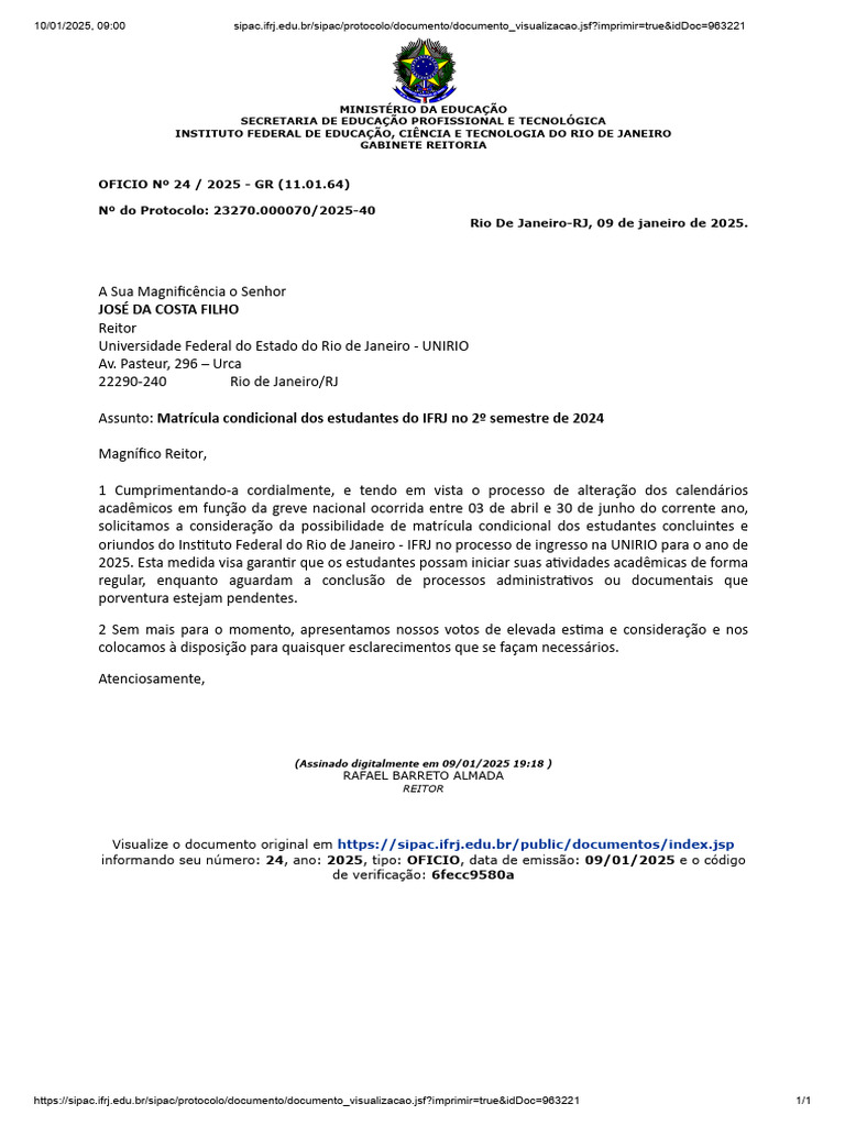 Ofício 024-2025-GR-IfRJ Matrícula Condicionada UNIRIO | PDF
