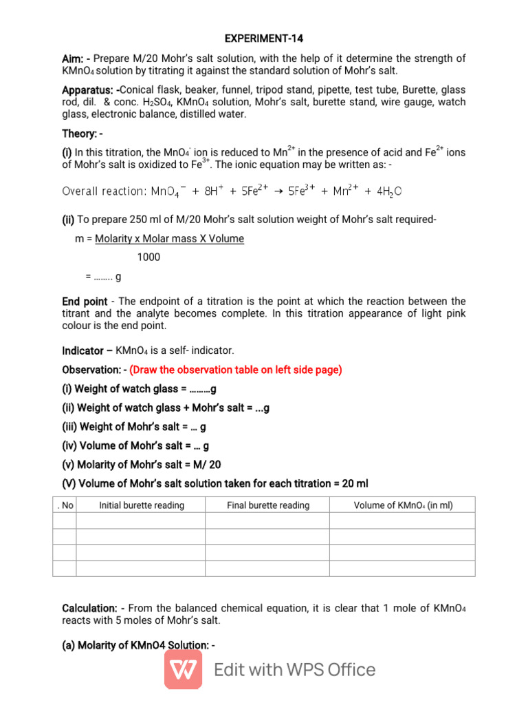 Mohr's Salt Titration with KMnO4 | PDF