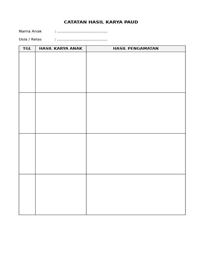 Catatan Hasil Karya Paud | PDF