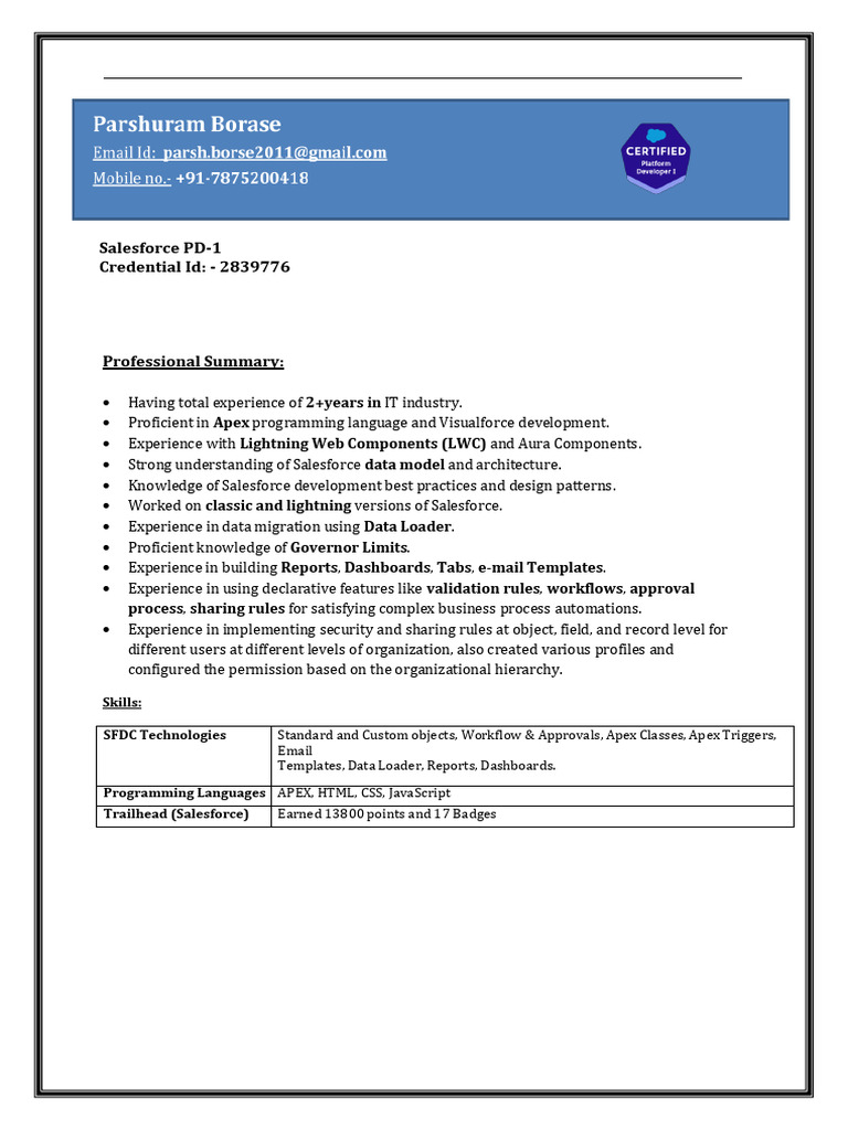 Parsh - Borase - SF - Developer - Resume 2+ | PDF | Software ...