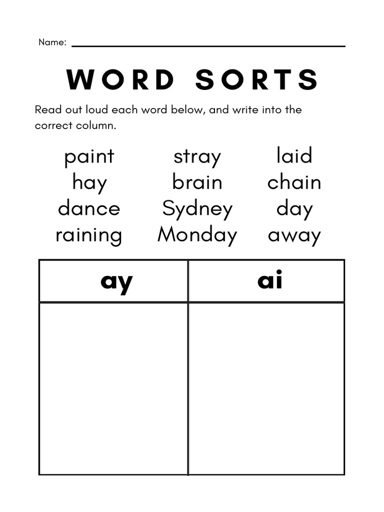 Grade 1 Word Sort Ay, Ai 1 | PDF