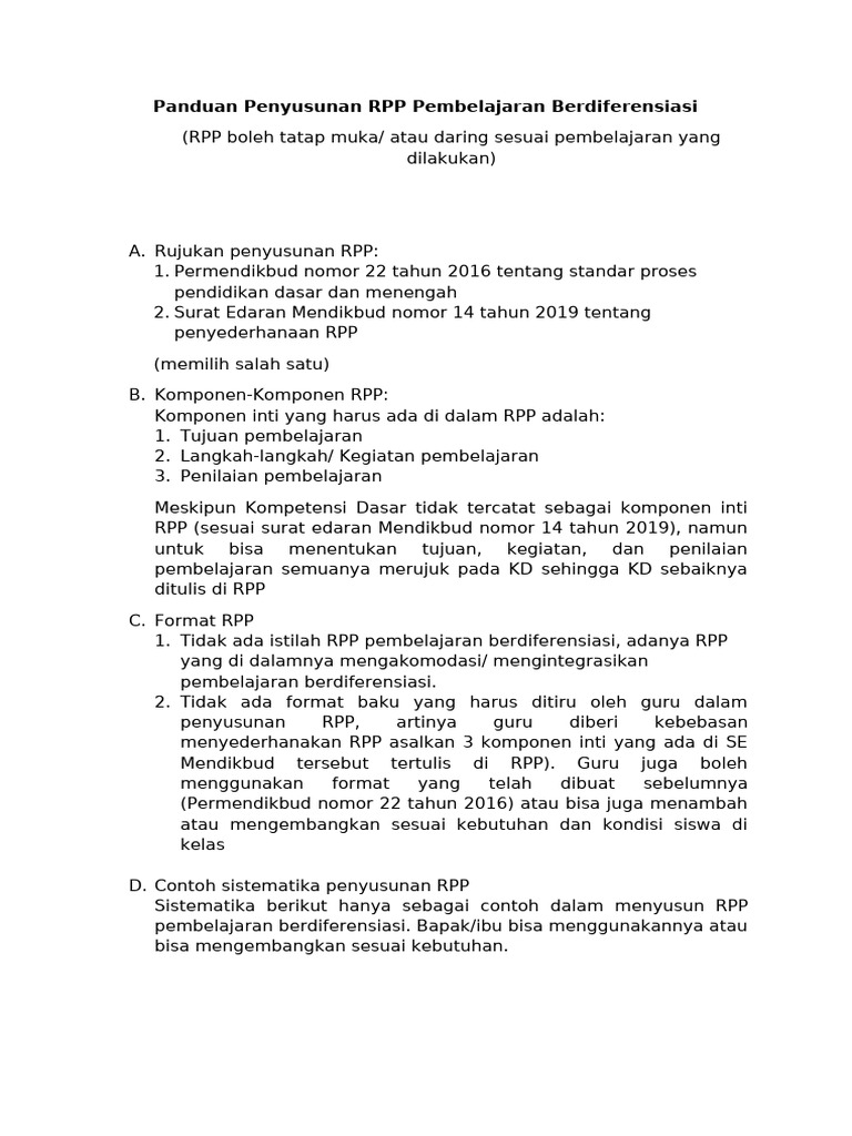 Panduan Penyusunan RPP Pembelajaran Berdiferensiasi | PDF