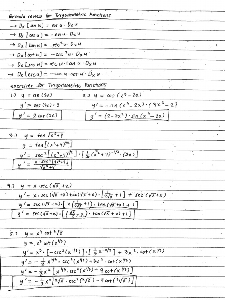 Mat051 Exercises 2.1 Derivatives Trigo Functions | PDF