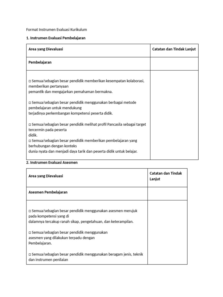 Format Instrumen Evaluasi Kurikulum | PDF