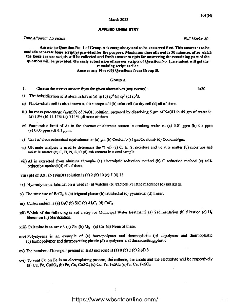 Diploma 1 Sem Applied Chemistry 103 N Mar 2023 | PDF