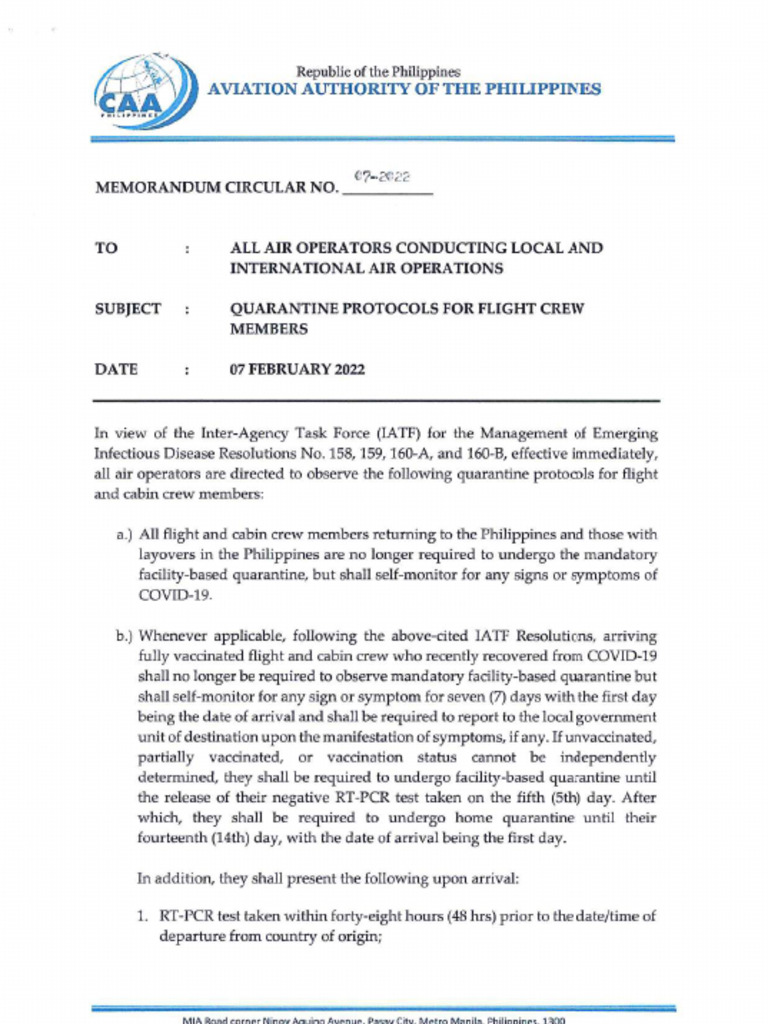 MC 07-2022 Quarantine Protocols For Flight Crew Members | PDF
